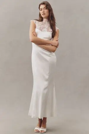 Bhldn Cap-sleeve Lace Stretch Satin Maxi Dress