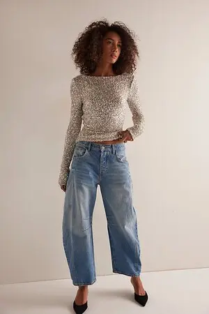 Free People Sequin Embellished Long Sleeve Top - Silver