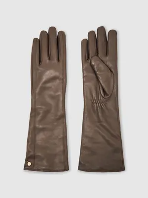 REISS Iris Long Leather Gloves - Taupe