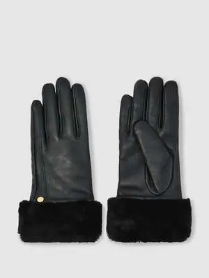 REISS Audrey Leather Gloves With Faux Fur Cuffs - Black