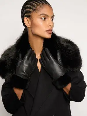 REISS Audrey Leather Gloves With Faux Fur Cuffs