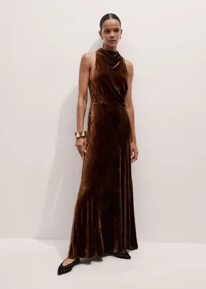 ME+EM Silk Blend Velvet Draped Full Length Dress - Burnt Caramel