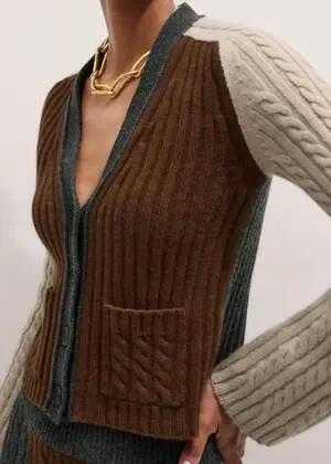 ME+EM Merino Cashmere Patched Cable Cardigan - Hazelnut Mélange Multi