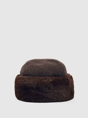 REISS Faux Fur Hat - Chocolate