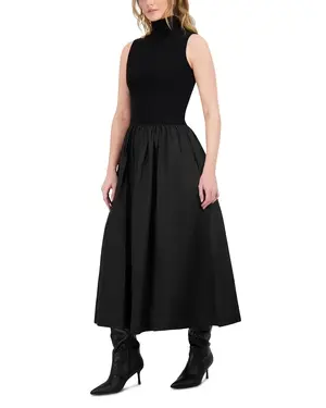 POINT Mixed Media Turtleneck Midi Dress - Black