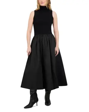 POINT Mixed Media Turtleneck Midi Dress - Black
