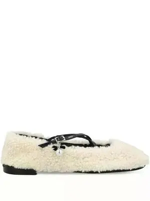 JIMMY CHOO Eleri Shearling Ballerinas With Patent Crossover Straps And Pearl Embellishment - Neutrals