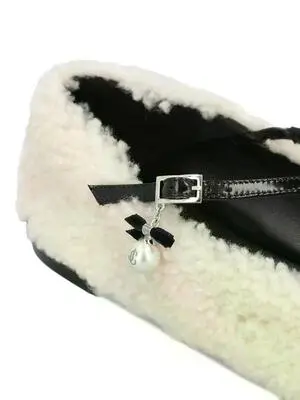 JIMMY CHOO Eleri Shearling Ballerinas With Patent Crossover Straps And Pearl Embellishment - Neutrals
