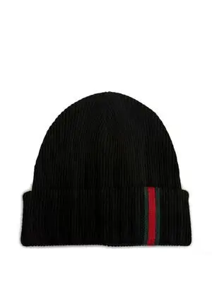 Gucci Web Stripe Ribbed Beanie - Black