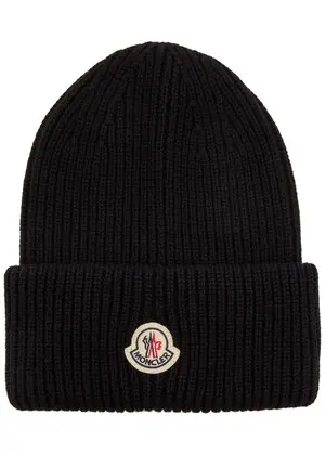 Moncler Logo Ribbed Wool And Cashmere-blend Beanie - Black