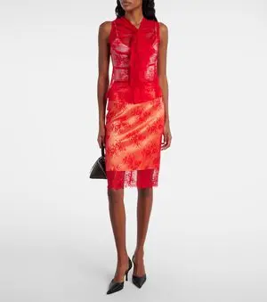 JACQUES WEI Embroidered Leather-trimmed Lace Midi Skirt