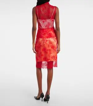 JACQUES WEI Embroidered Leather-trimmed Lace Midi Skirt