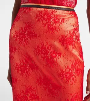 JACQUES WEI Embroidered Leather-trimmed Lace Midi Skirt
