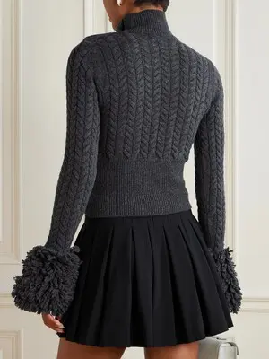 PATOU Cropped Fringed Cable-knit Merino Wool And Cashmere-blend Sweater - Gray