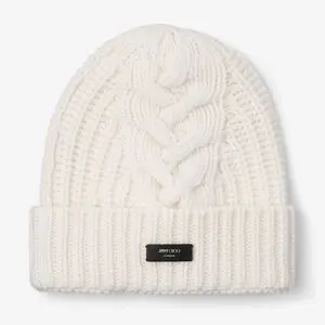JIMMY CHOO Yuki Cable Knit Beanie With Leather Logo Tag - Latte
