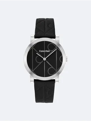 Calvin Klein Allover Emblem Dial Leather Strap Watch - Black