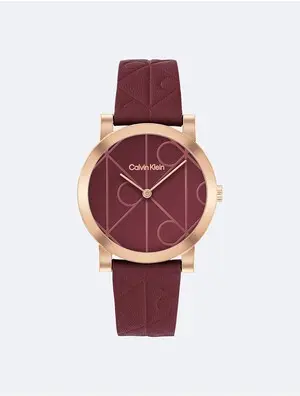 Calvin Klein Allover Emblem Dial Leather Strap Watch - Burgundy