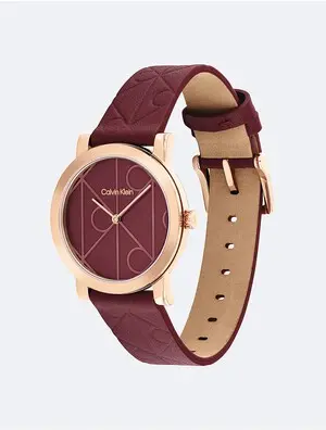 Calvin Klein Allover Emblem Dial Leather Strap Watch - Burgundy