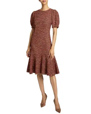 Santorelli Dasia Sheath Tweed Dress With Puff Sleeves