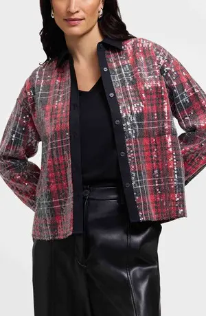 Foxcroft Marina Sequin Button-up Shirt - Red/multi