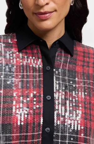 Foxcroft Marina Sequin Button-up Shirt - Red/multi