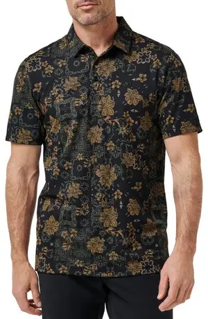 Travis Mathew Speaking My Language Floral Short Sleeve Piqué Button-up Shirt - Black