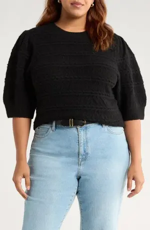 Treasure & Bond Puff Sleeve Cable Stitch Sweater - Black