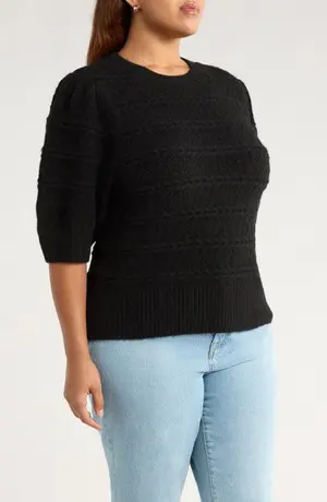 Treasure & Bond Puff Sleeve Cable Stitch Sweater - Black