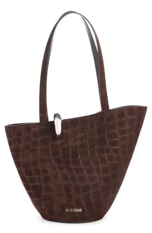 Jacquemus Le Bambola Moyen Croc Embossed Suede Bucket Bag - Dark Brown 880