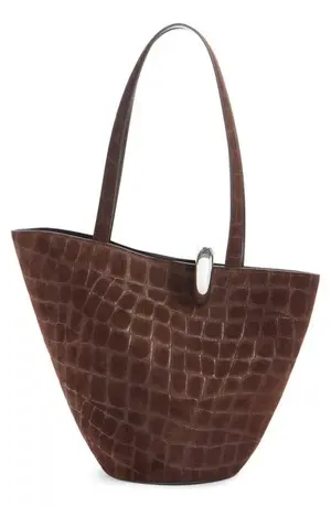 Jacquemus Le Bambola Moyen Croc Embossed Suede Bucket Bag - Dark Brown 880