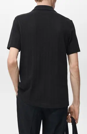 Mango Short Sleeve Structured Knit Button-up Shirt - Black