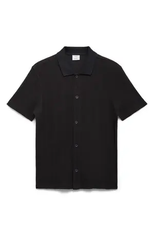 Mango Short Sleeve Structured Knit Button-up Shirt - Black