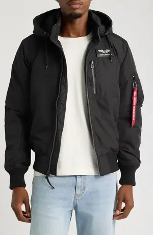 Alpha Industries Hooded Rib Flight Jacket - Black