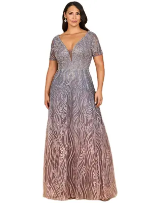 LARA NEW YORK Short Sleeve V-neck Beaded Ballgown - Multi