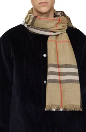Burberry Reversible Medium Check Wool & Silk Scarf Sand/vole Brown