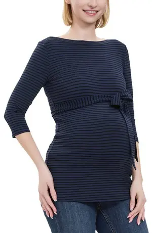 KIMI + KAI Maternity Striped Boat Neck Top - Navy