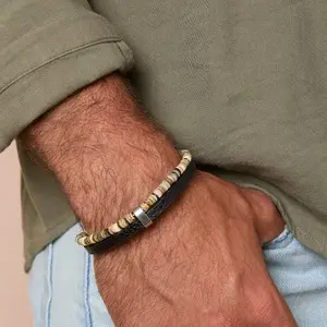 Lucky Brand Layered Bracelet With Wood Beads And Leather Strap
