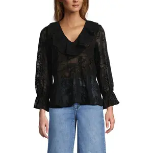 LANDS' END Ruffle Chiffon V-neck Blouse - Black