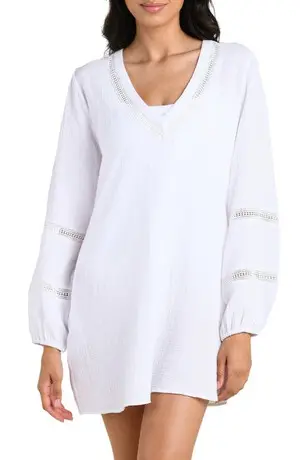 La Blanca Seaside Lace Inset Long Sleeve Cotton Cover-up Dress - White
