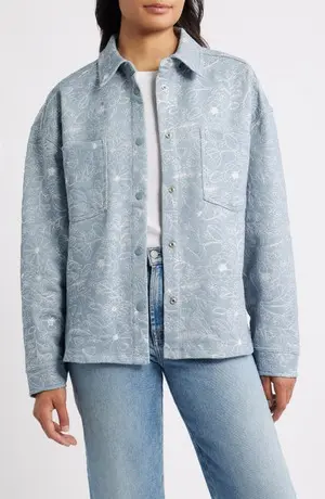 Bobeau Embroidered Cotton Blend Shacket - Denim/ivory