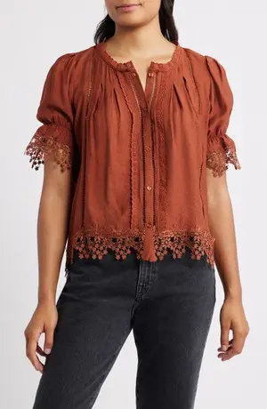 Bobeau Lace Accent Button-up Shirt