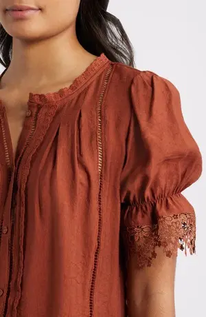 Bobeau Lace Accent Button-up Shirt