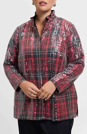 Foxcroft Carolina Sequin Plaid Button-up Shirt - Burgundy Red/multi