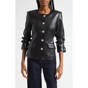 Cinq À Sept Crystal Button Faux Leather Jacket