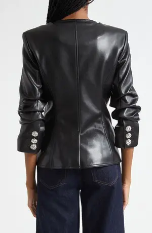 Cinq À Sept Crystal Button Faux Leather Jacket