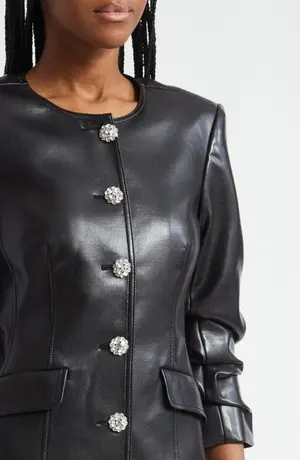 Cinq À Sept Crystal Button Faux Leather Jacket