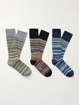 Paul Smith Striped Cotton-blend Socks Set Of Three - Multi