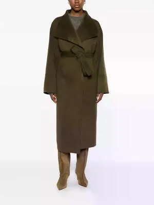 Soft Goat Long Belted Coat With Wide Lapels - Brown