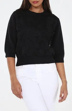RAIN AND ROSE Floral Embroidered Crewneck Sweater - Black