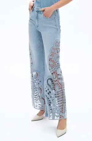 BAYEAS High-waist Embroidered Wide-leg Jeans - Cornflower